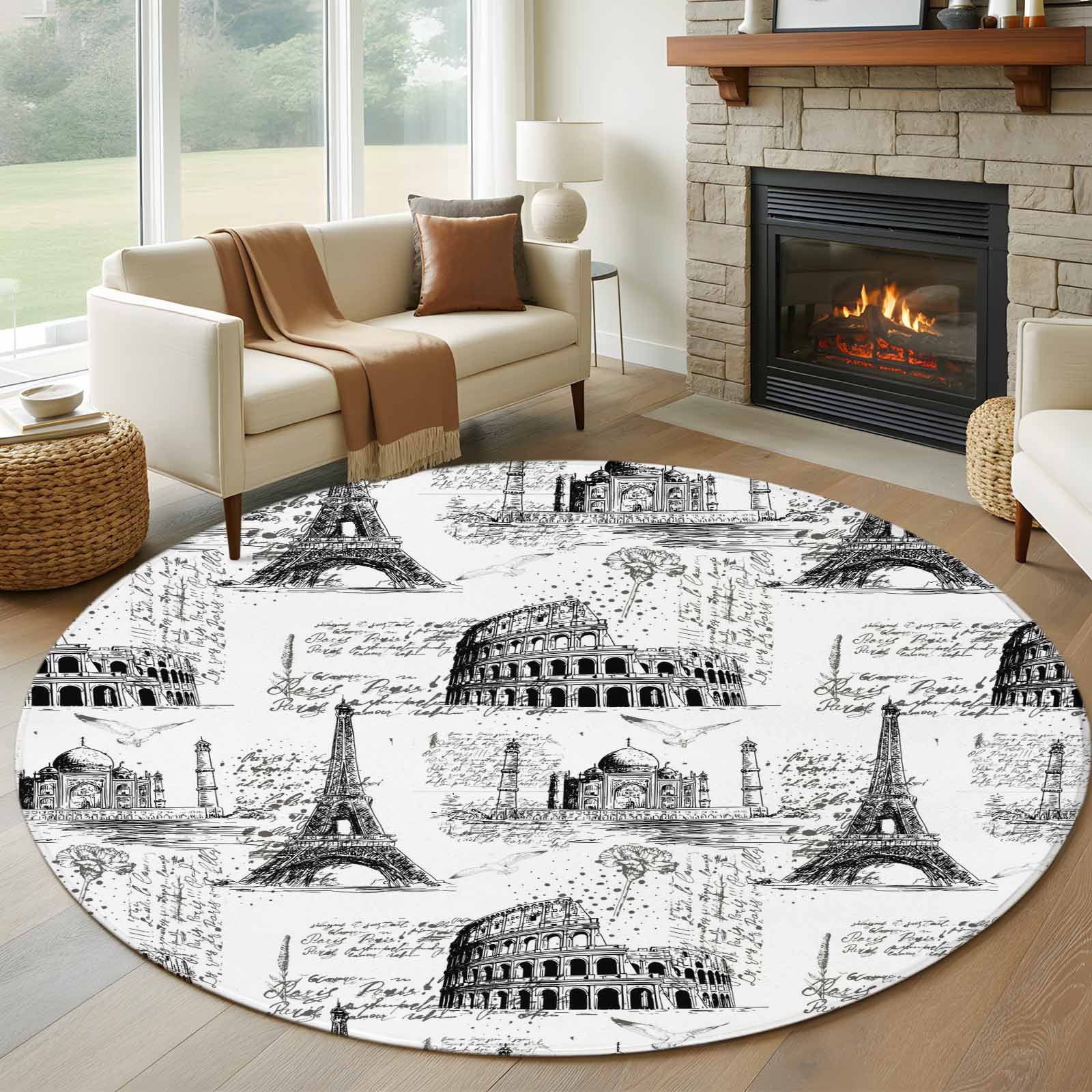 Black Architecture 7FT Round Area Rugs for Living Room Retro Classic ...