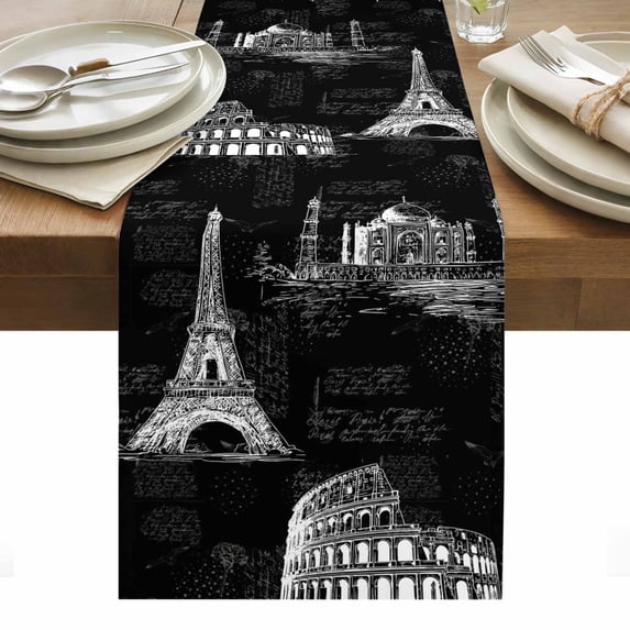 Black Architecture Cotton Linen Table Runner Retro Classic Black White ...