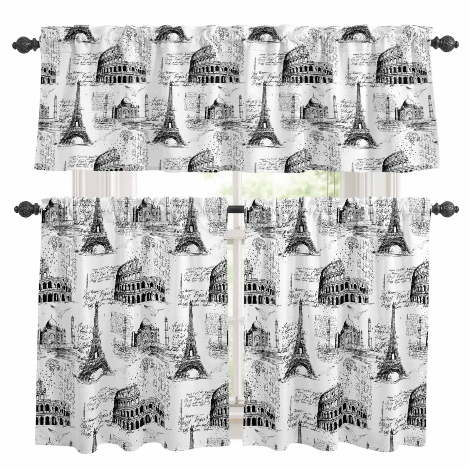 Black Architecture Kitchen Curtains Set for Windows, Retro Classic ...