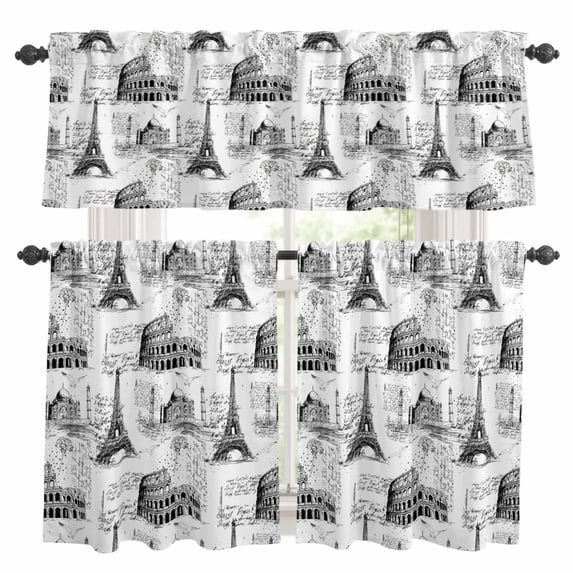 Black Architecture Kitchen Curtains Set for Windows, Retro Classic ...