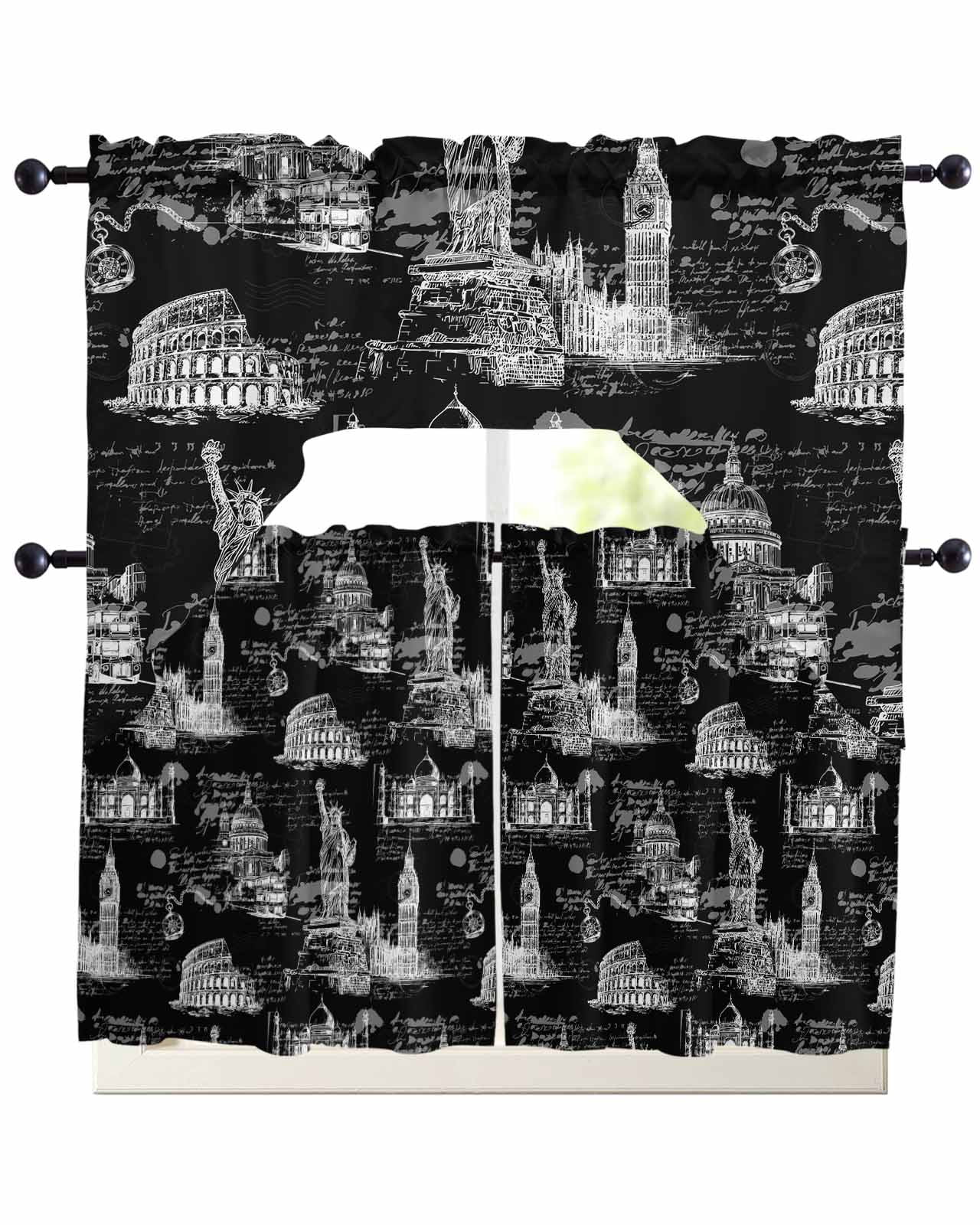Black Architecture Kitchen Curtains Sets 36 Inch Length with Valance ...