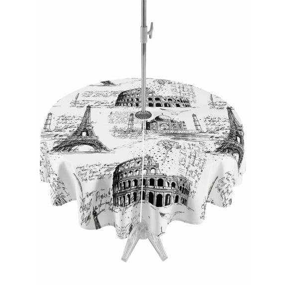 Black Architecture Round Outdoor Tablecloth with Umbrella Hole Retro ...