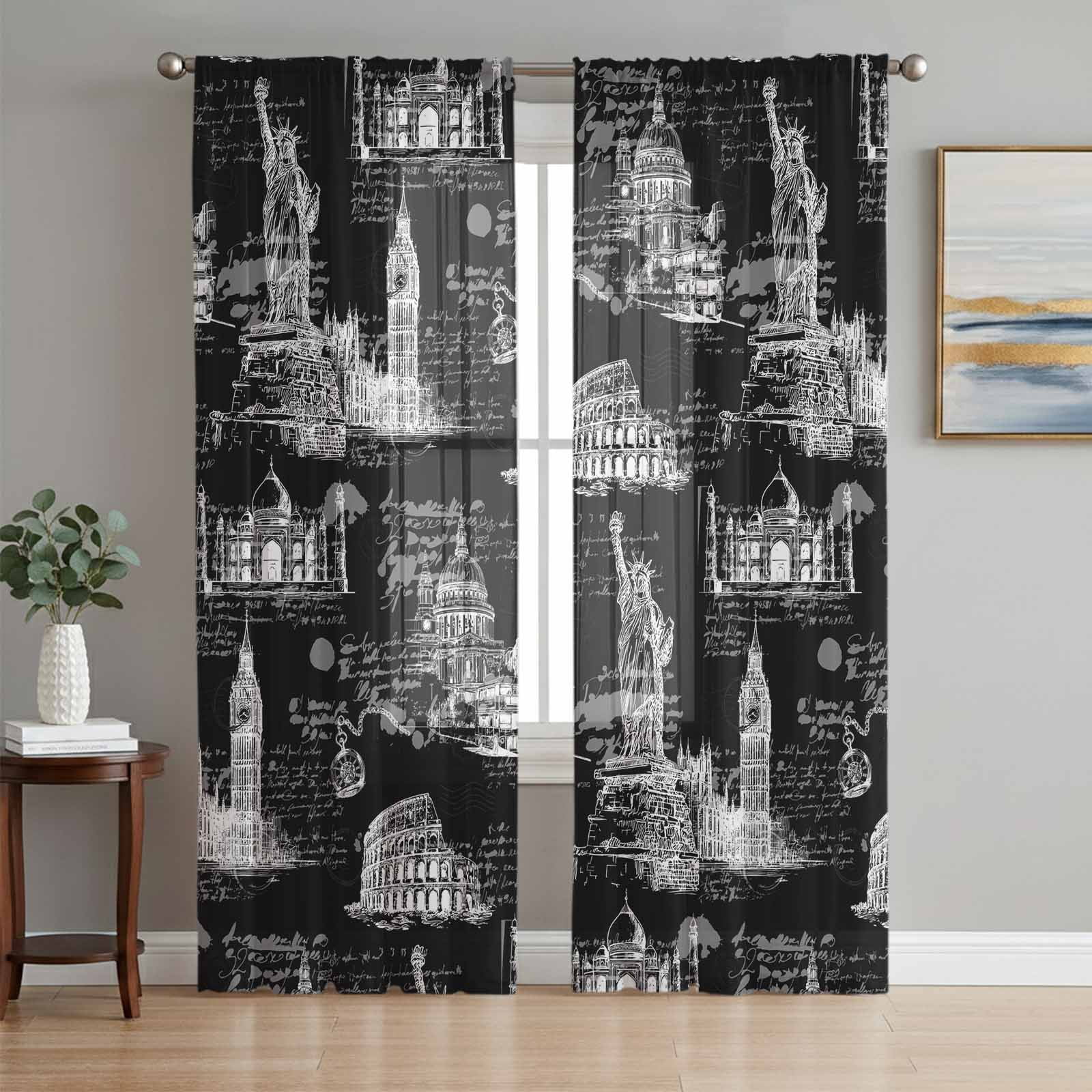 Black Architecture Sheer Curtains 96 Inch Length 2 Panels Set, Abstract ...