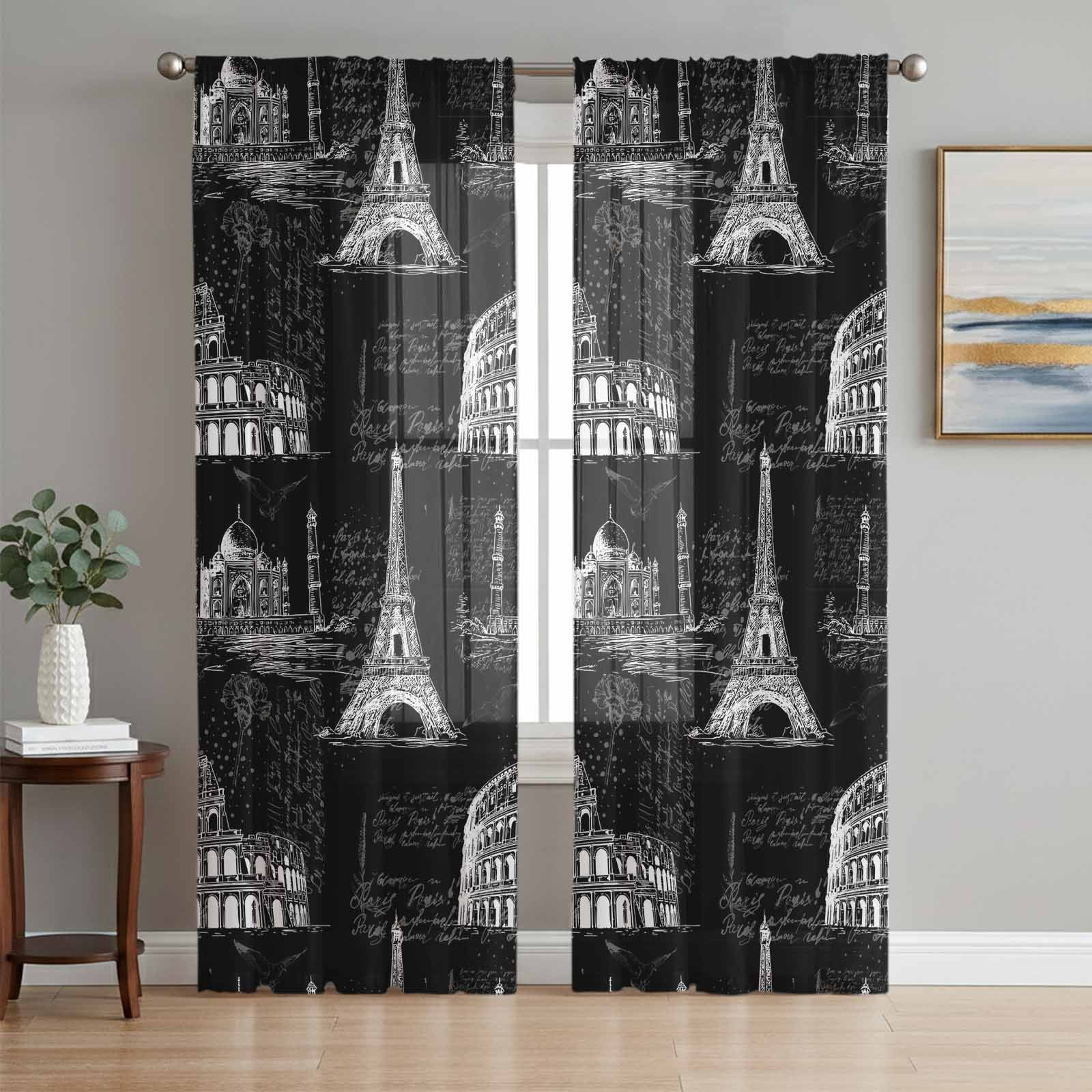 Black Architecture Sheer Curtains for Living Room Bedroom Eiffel Tower ...
