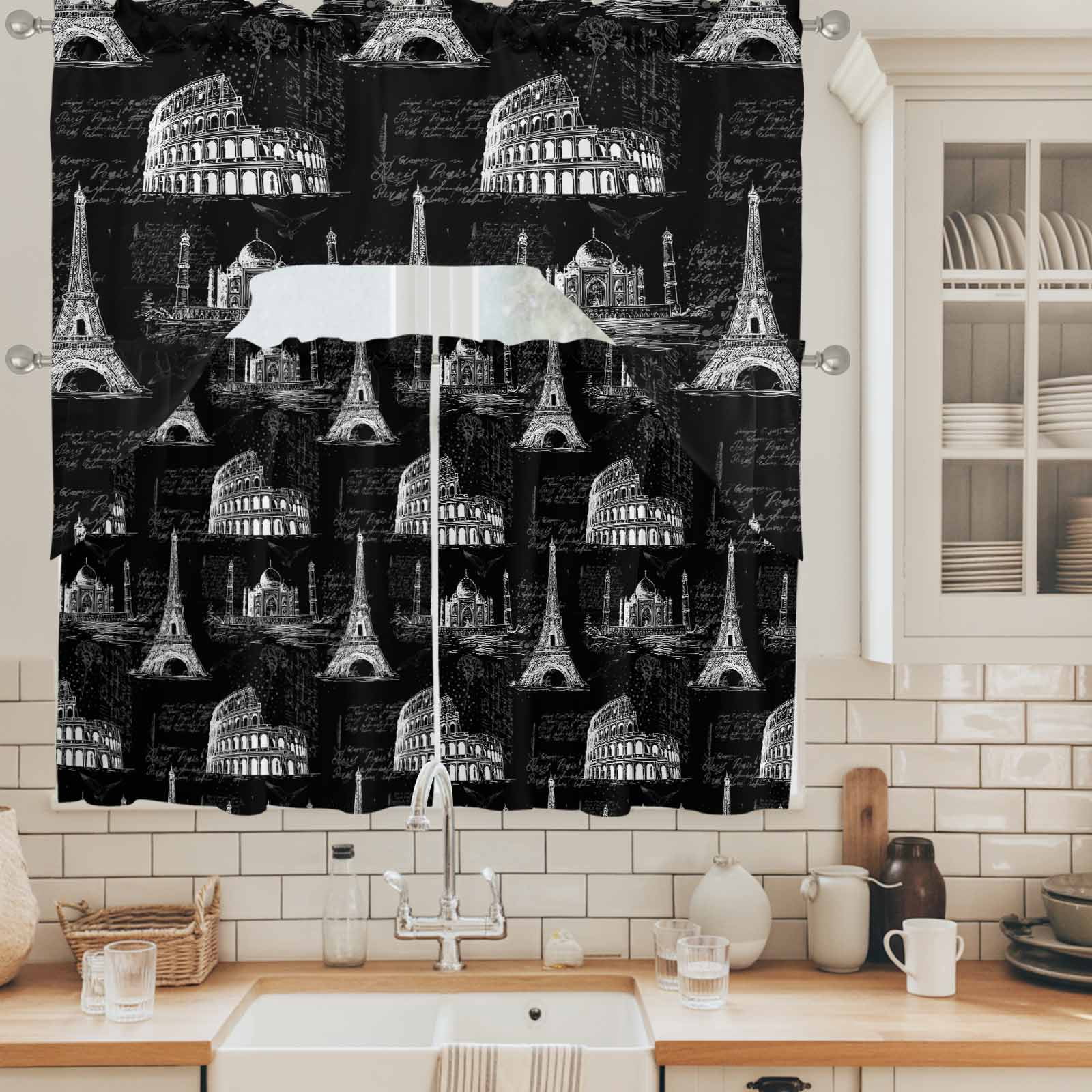 Black Architecture Swag Curtains Valance and Tier Set, Retro Classic ...