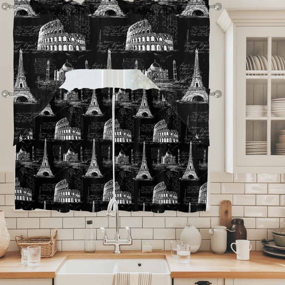 Black Architecture Swag Curtains Valance and Tier Set, Retro Classic ...
