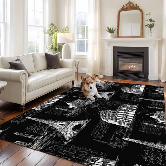 Black Architecture Washable Area Rug 6x9 Retro Classic Black White City ...