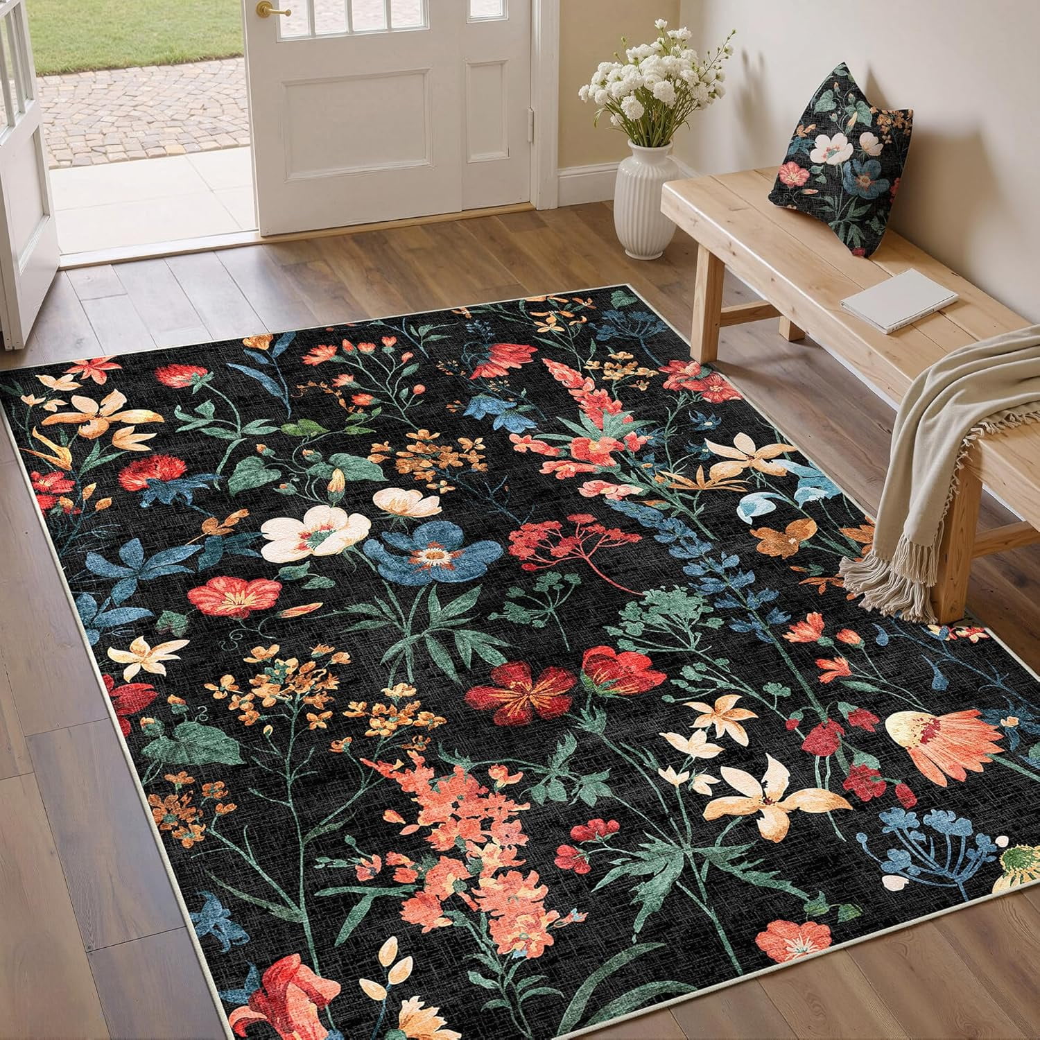Black Area Rug 4x6 Office Floral Indoor Door Mat Washable Boho Kitchen ...