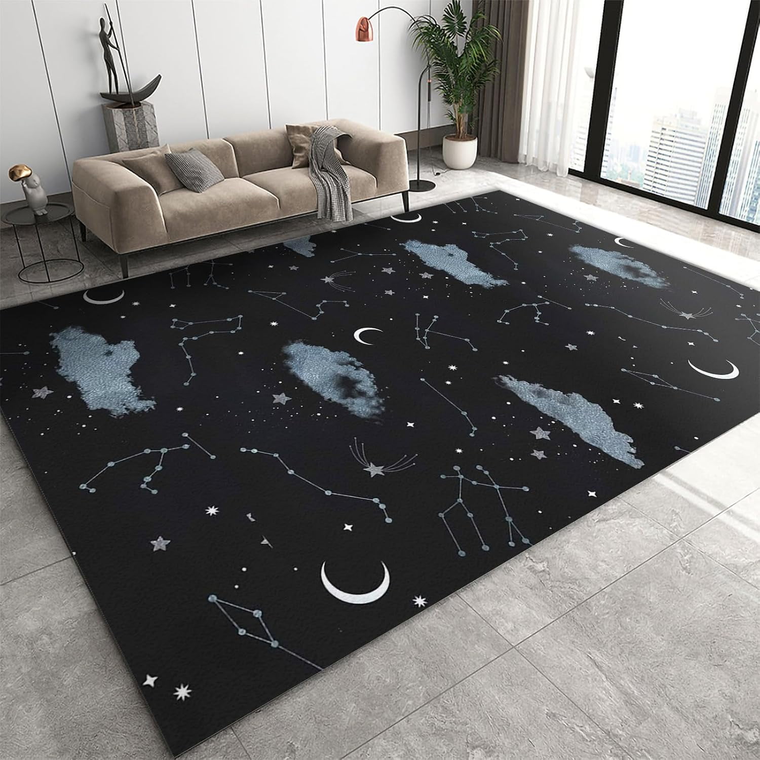 Black Area Rug, Black Night Sky Crescent Moon Stars and Clouds ...