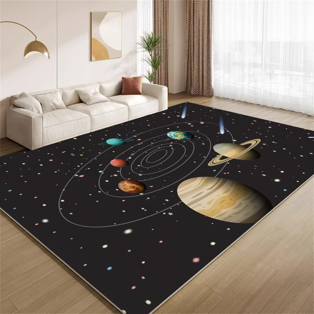 Black Area Rug Outer Space Solar System Rugs Universe Themed Bedroom ...
