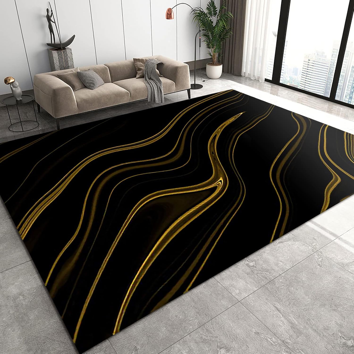 Black Area Rugs, Golden Wavy Lines Pattern Apartment Carpet, Modern ...