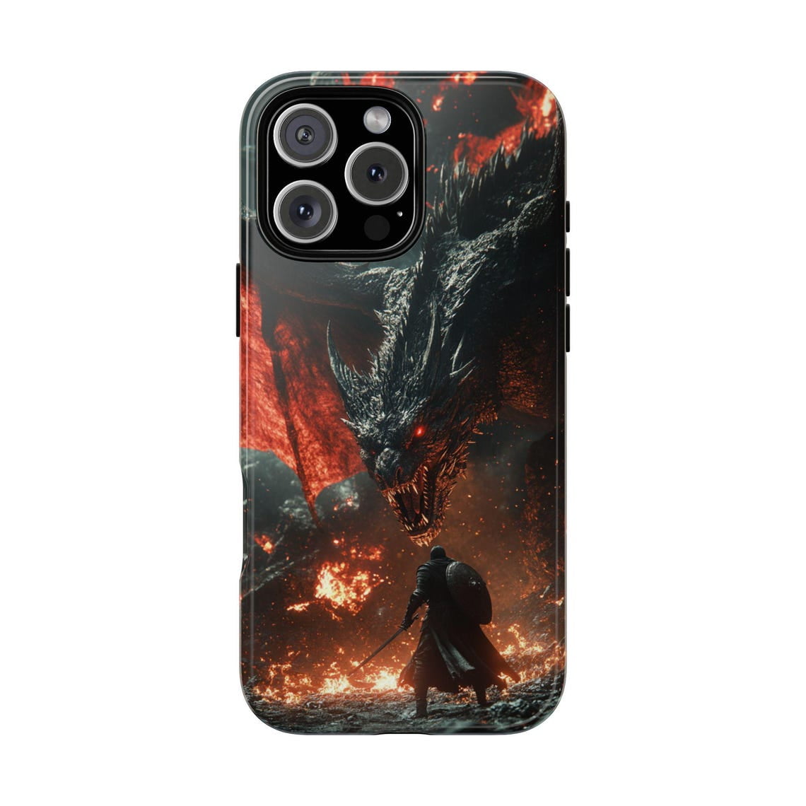 Black Armor Knight Fiery Dragon Epic Fantasy Battle Design with iPhone ...