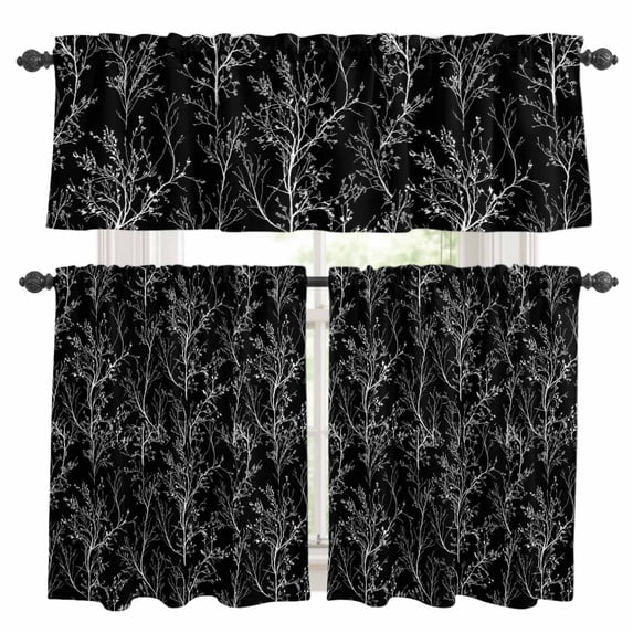 Black Art Kitchen Curtains Set for Windows, White Tree Branch Botanical ...