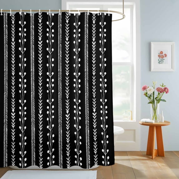 Black Art Shower Curtain, Rustic Vertical Dashed Lines Shabby Chic Leaf ...