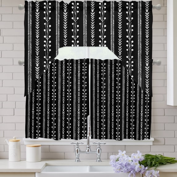 Black Art Swag Valance and Tier Set of 3, Rustic Vertical Dashed Lines ...