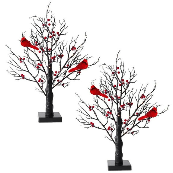 Black Artificial Trees Lighting With Red Fruit And Bird Parrots ...