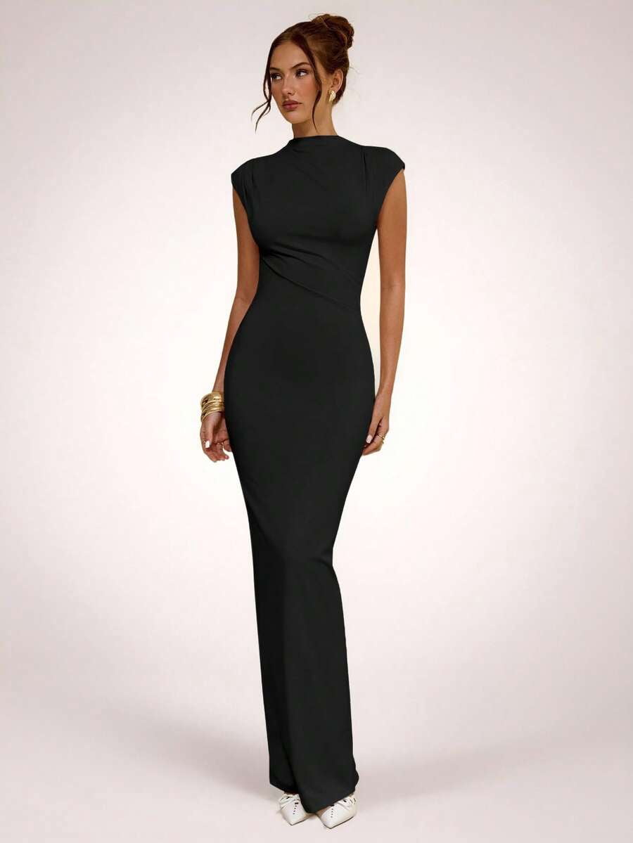 Black Asymmetric Ruched Bodycon Maxi Dress, Elegant Minimalist Long ...