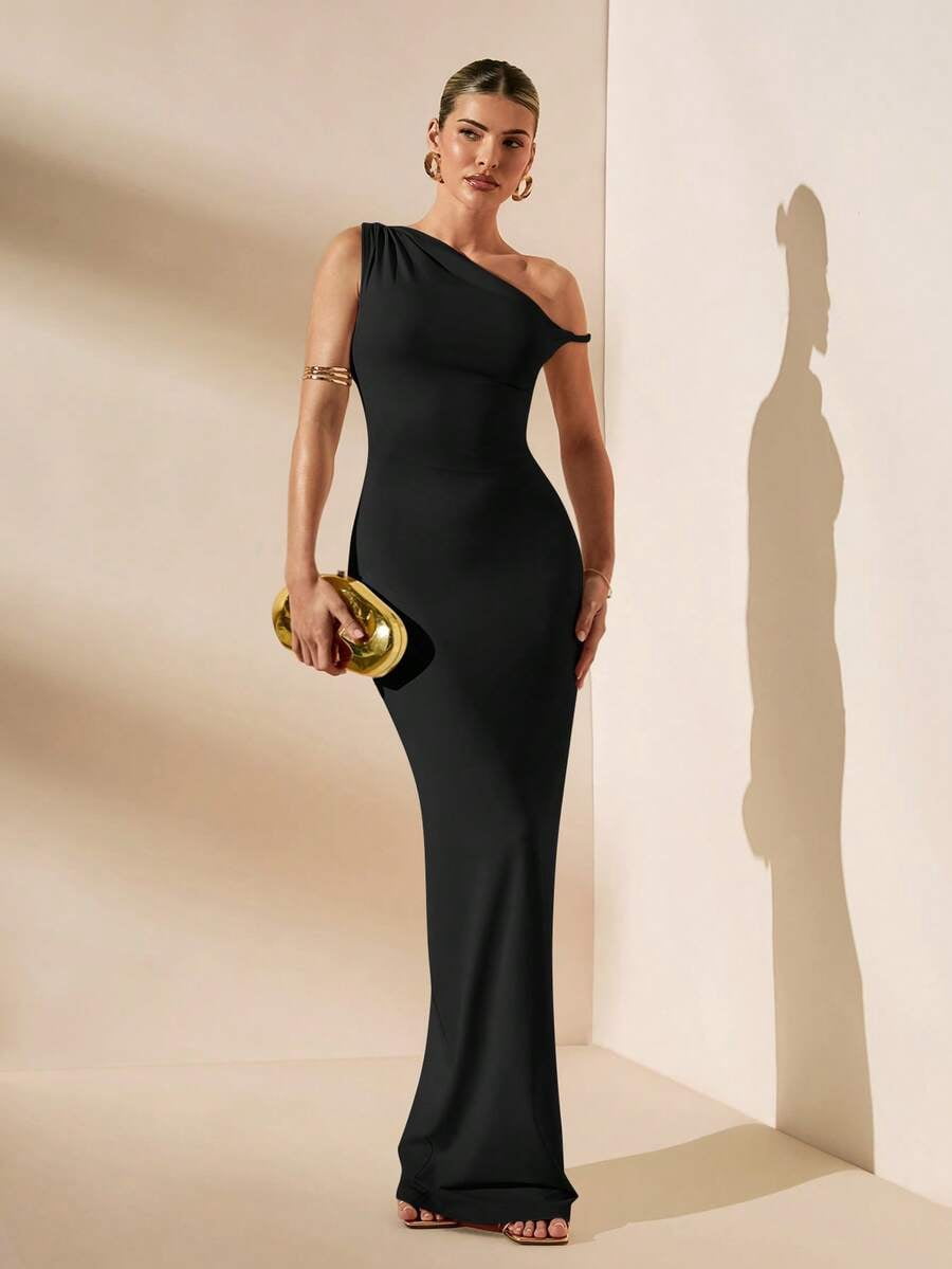 Black Asymmetrical One-Shoulder Twist Back Maxi Mermaid Dress, Elegant ...