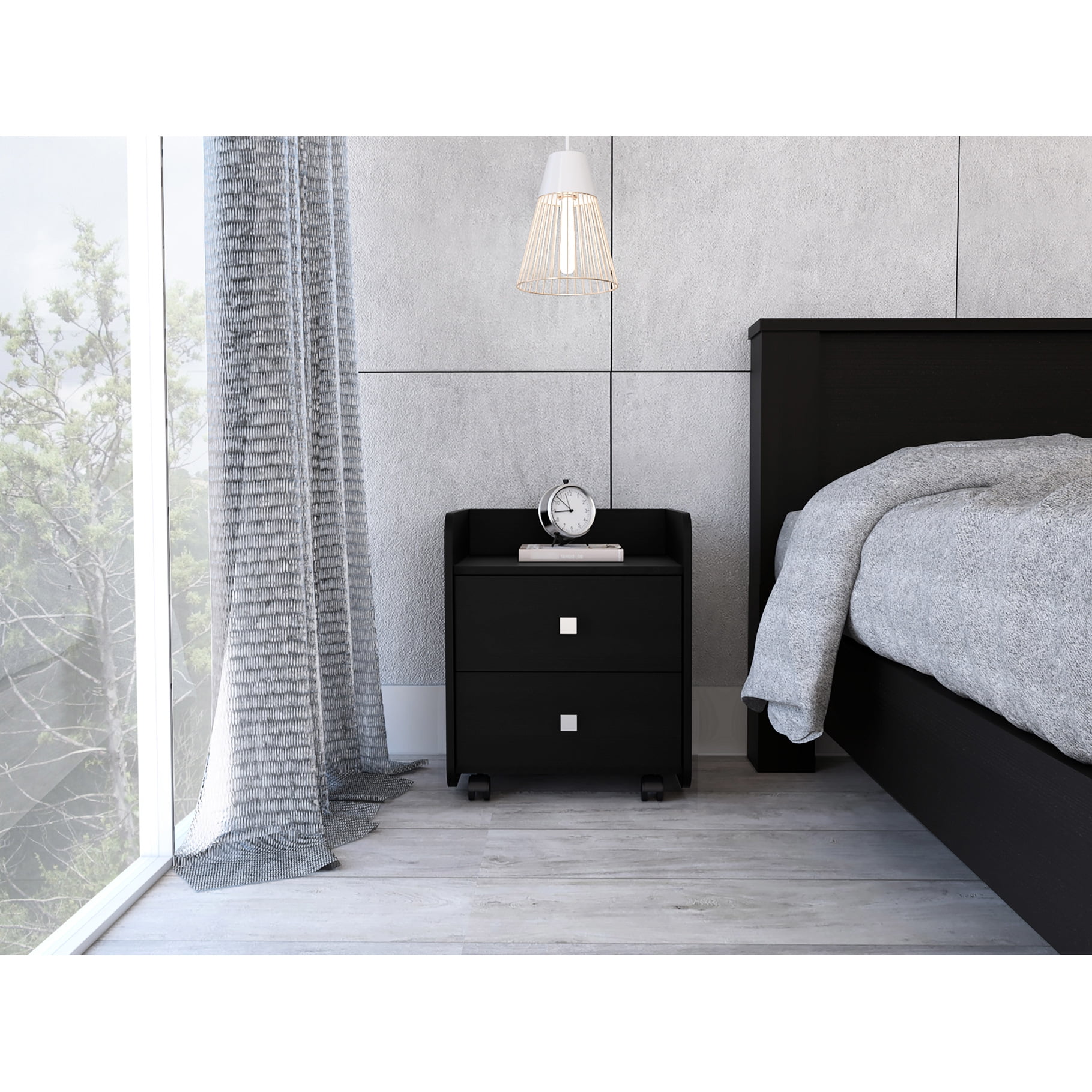 Black Aura Side Table With Superior Top, Two Drawers, Space Saving For Bedroom Nightstand Metal ...