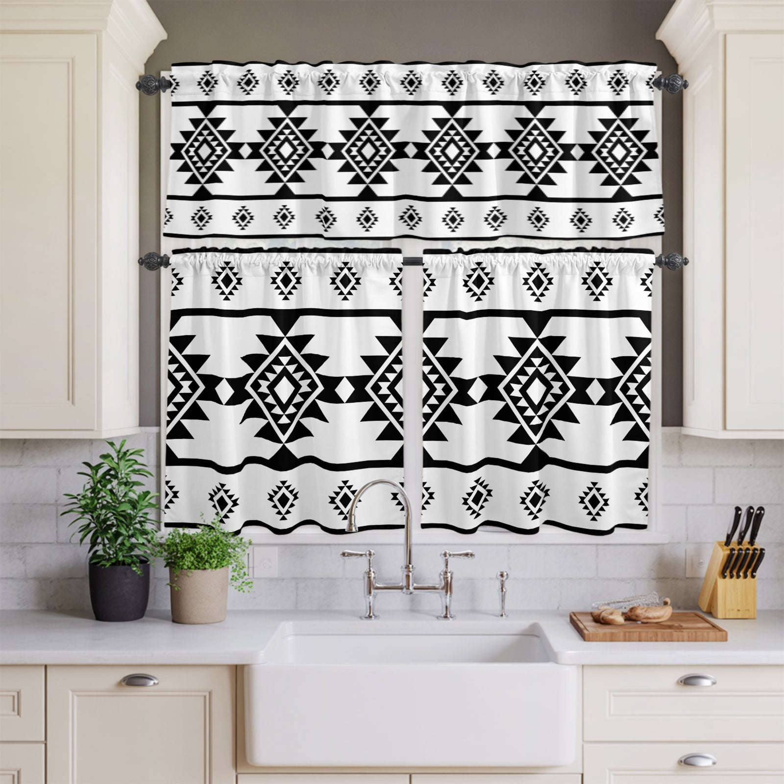 Black Aztec Ethnic Style Curtain Tier and Valance Set 3 Piece,Tribal ...