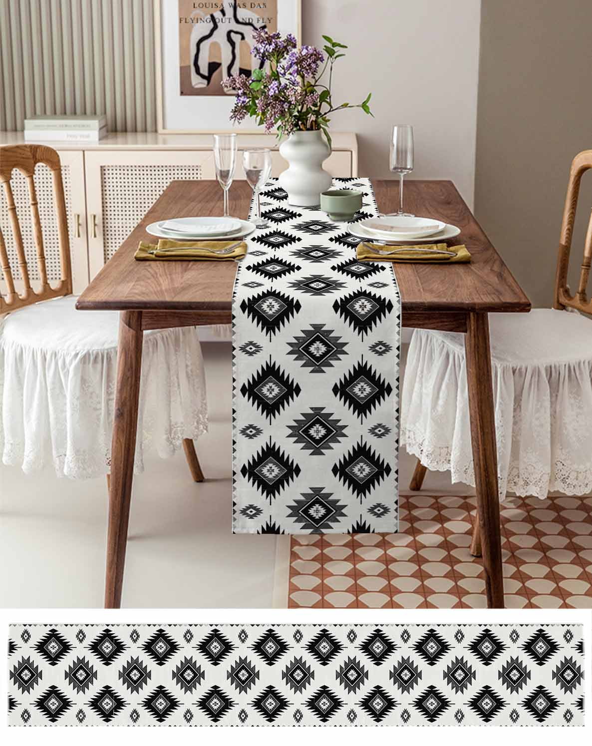 Black Aztec Ethnic Style Table Runner 13x90in Non-Slip Cotton Linen ...