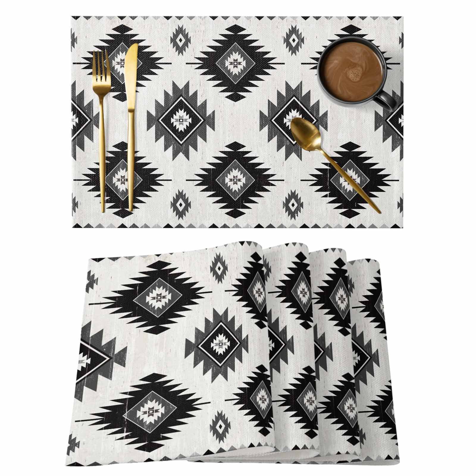 Black Aztec Placemats Set of 6, Cotton Linen Fabric Place Mats, Ethnic ...