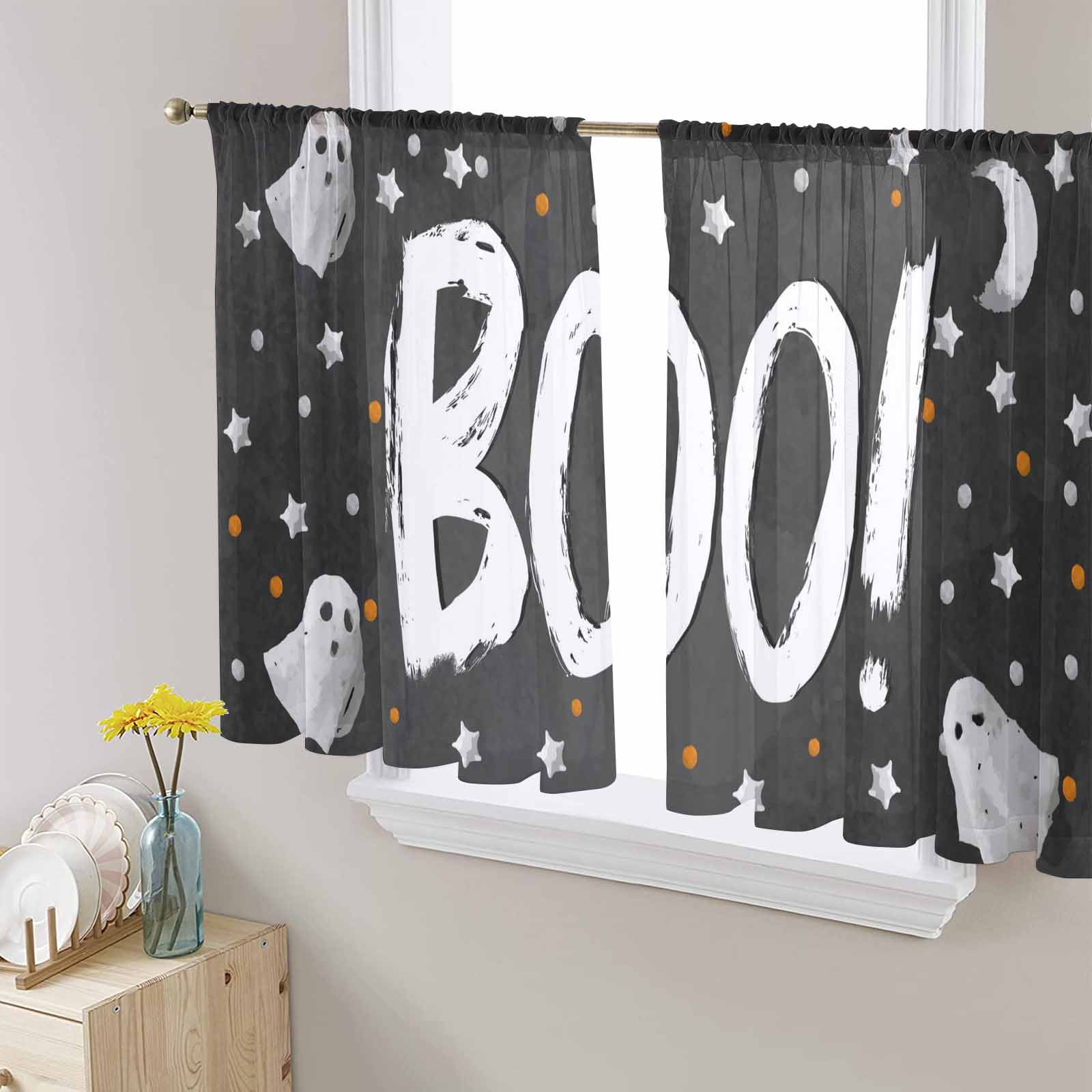 Black BOO Halloween Sheer Curtains 54 Inches Length 2 Panels Set ...