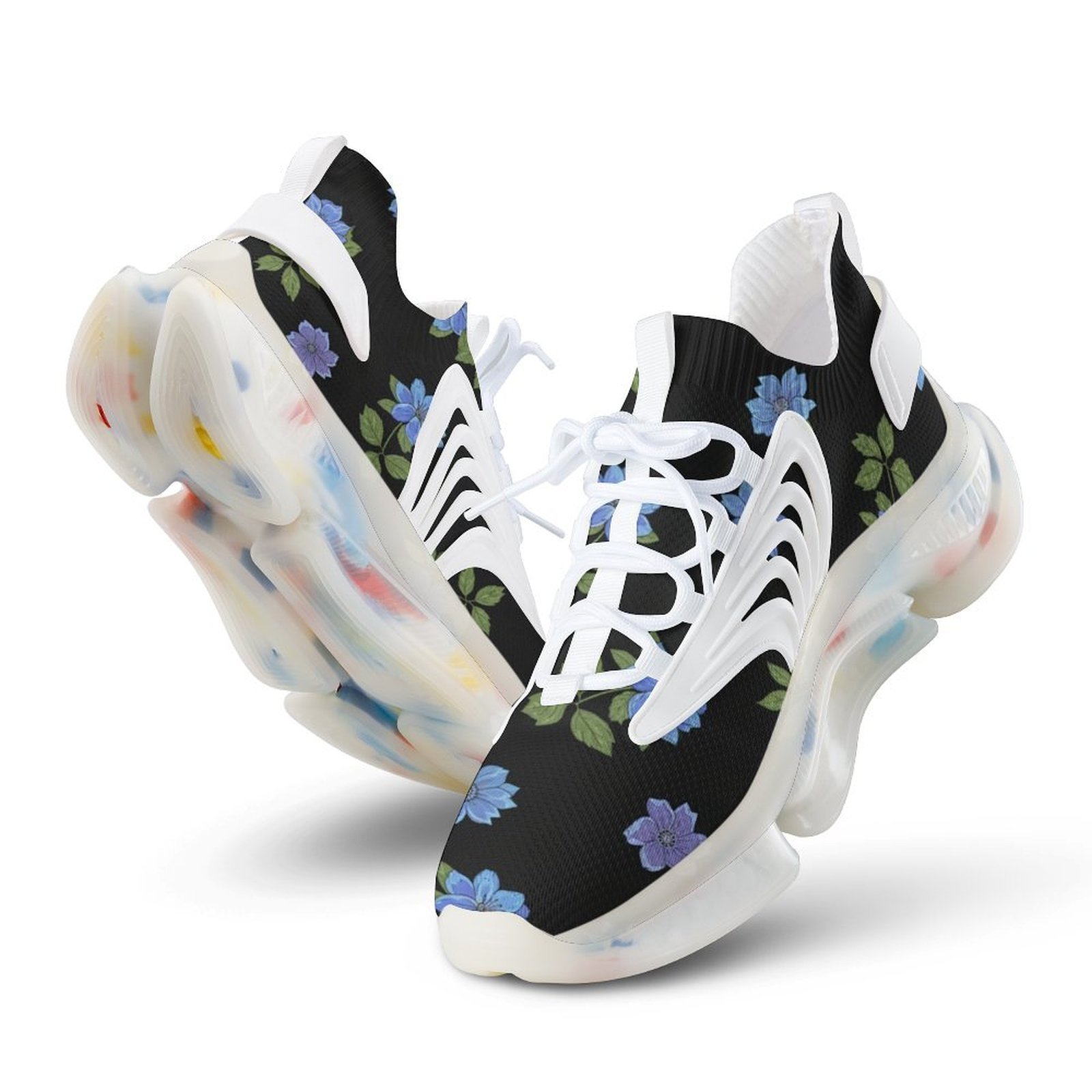Black Background Blue Floral Pattern Fabric Walking Shoes for Men Woman ...