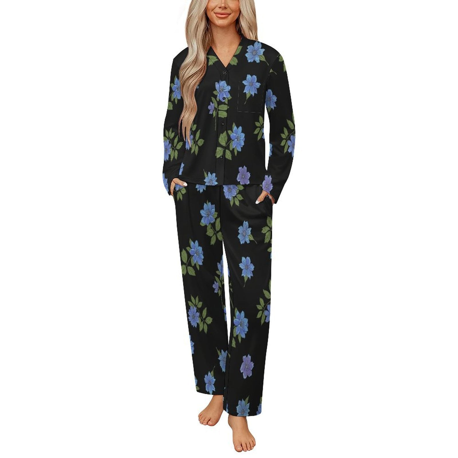 Black Background Blue Floral Pattern Fabric Womens Pyjamas Set Button ...