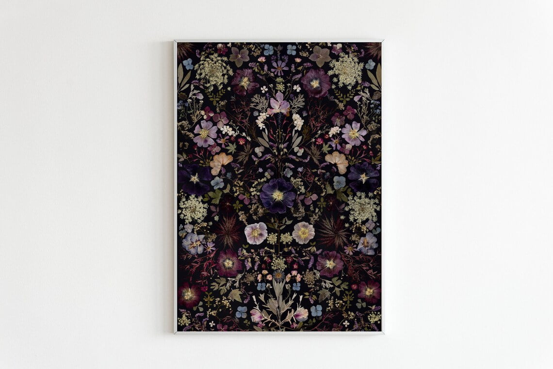 Black Background Botanical Print, Pressed Flower Art, Unframed Paper ...