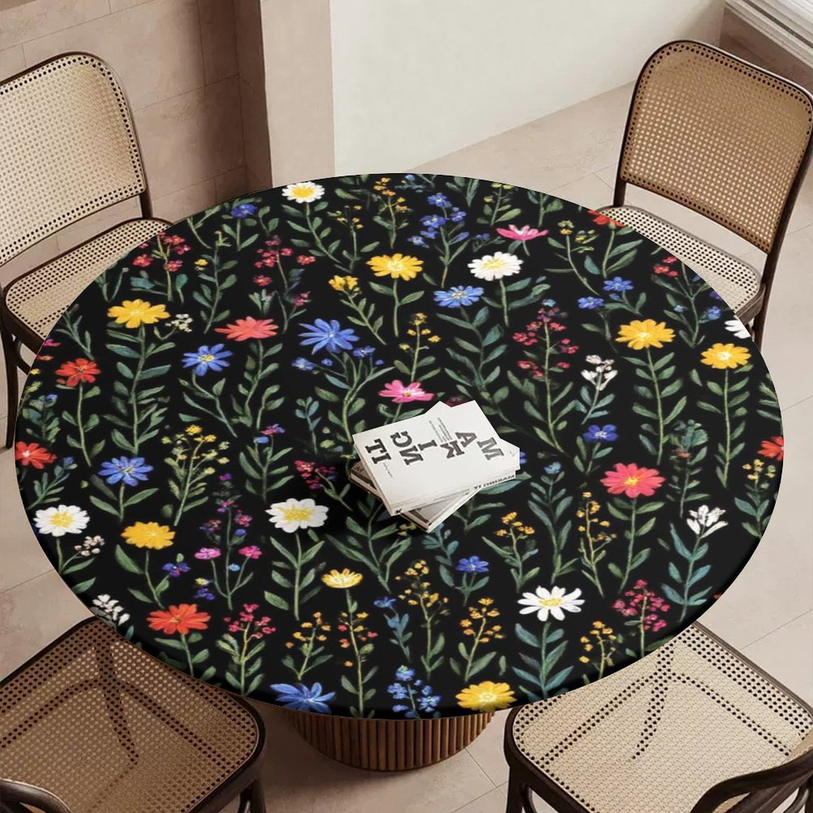 Black Background Colorful Wildflowers Bloom Round Table Cover Kitchen ...