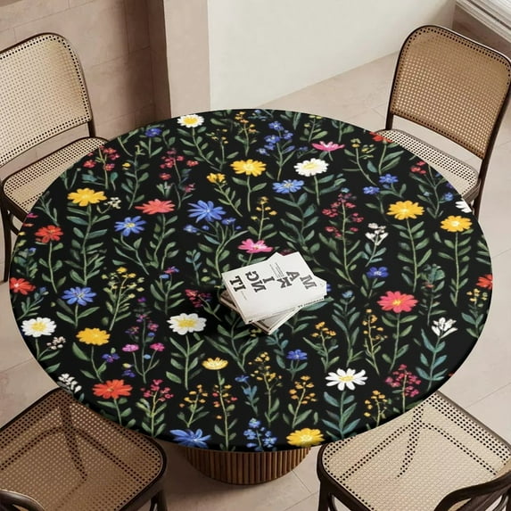 Black Background Colorful Wildflowers Bloom Round Table Cover Kitchen ...