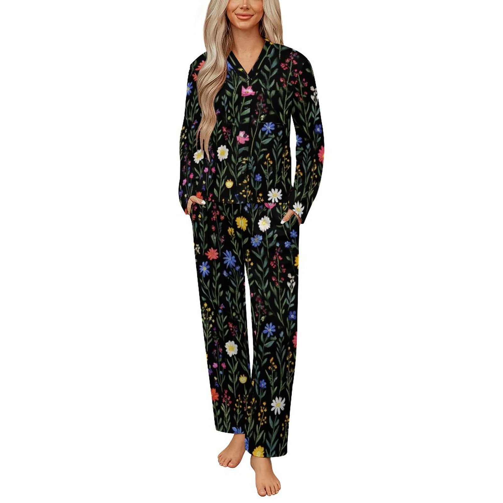 Black Background Colorful Wildflowers Bloom Womens Pyjamas Set Button ...