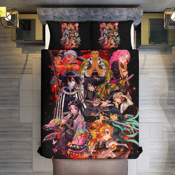 Black Background Flame Samurai Character Group Print 3Pcs Bedding Set ...