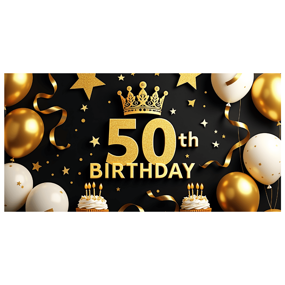 Black Background Glittery Golden 50th Birthday Banner with Crowns Balloons Stars Cakes, Party ...