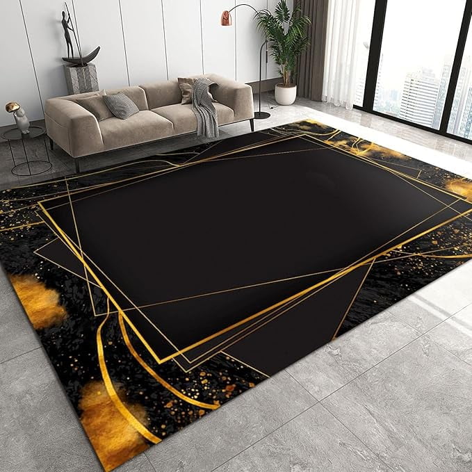 Black Background Gold Geometry Area Rug, Splashed Ink Smudged Indoor ...