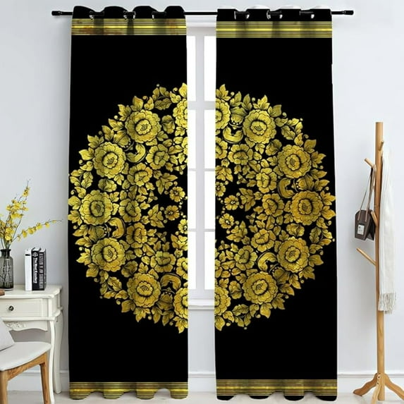 Black Background With Golden Plants Blackout Window Curtain, Golden ...