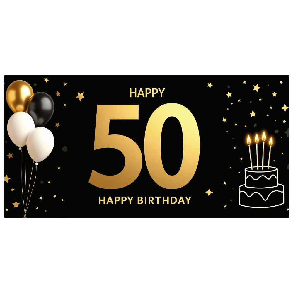 Black Background Happy 50th Birthday Banner with Golden Balloons Crowns ...