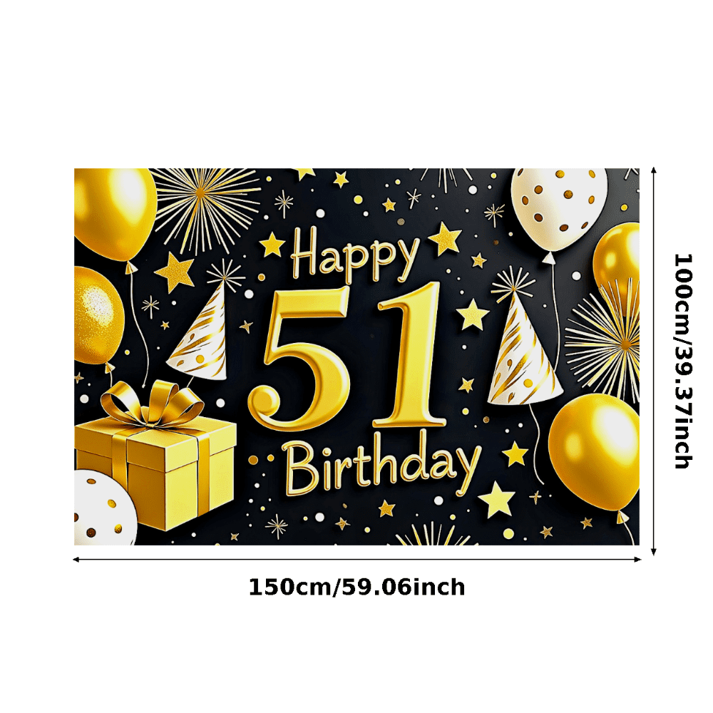Black Background Happy 51 Birthday Banner with Gold Balloons Party Hats ...