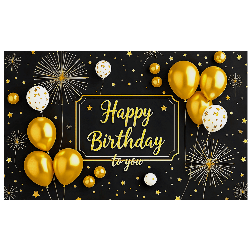 Black Background Happy Birthday Banner with Gold Balloons Fireworks and ...