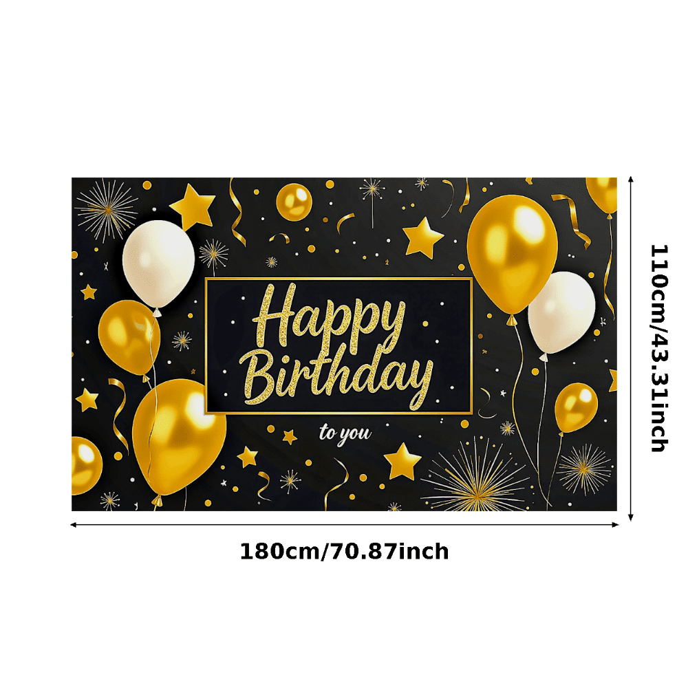 Black Background Happy Birthday Banner with Gold Balloons Fireworks and ...