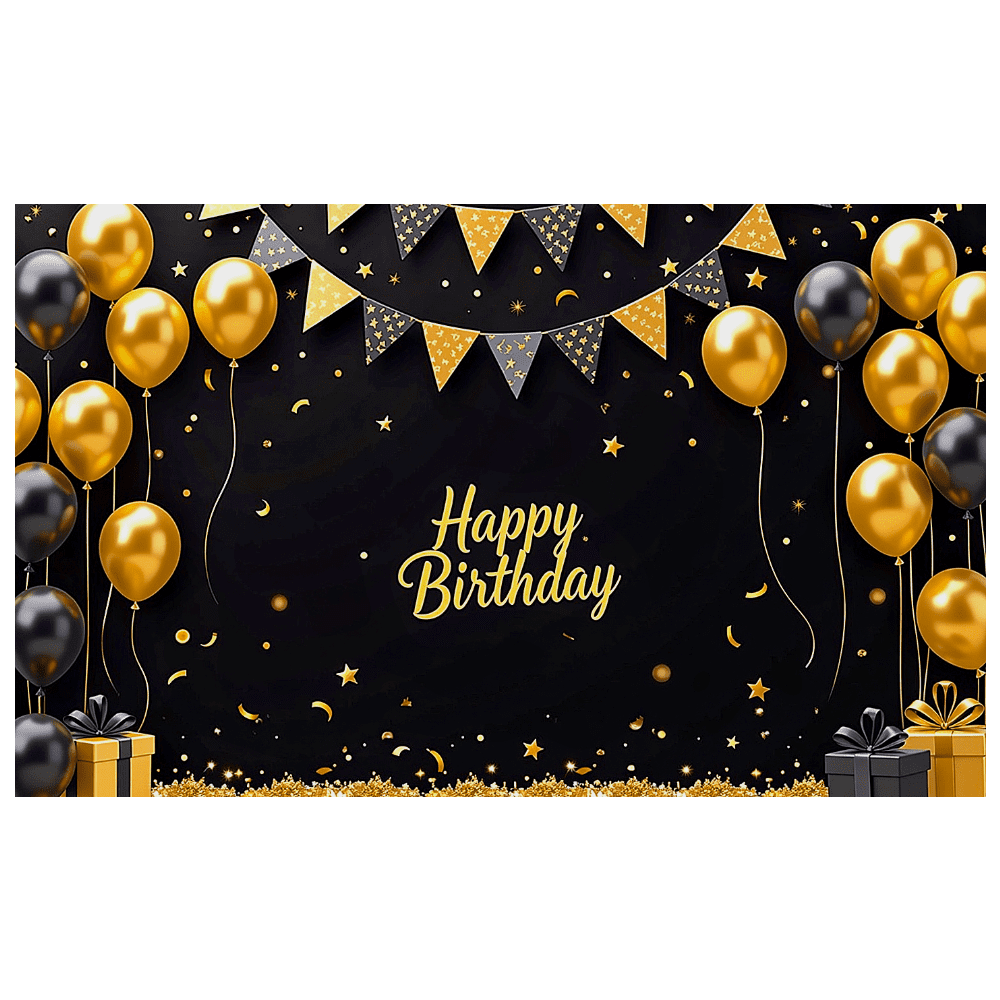 Black Background Happy Birthday Banner with Gold Black Balloons Star ...