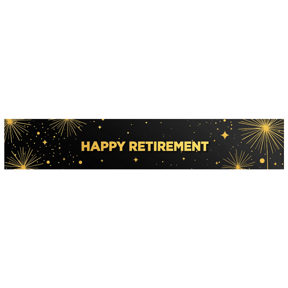 Black Background Happy Retirement Banner with Golden Stars and Sparkles ...