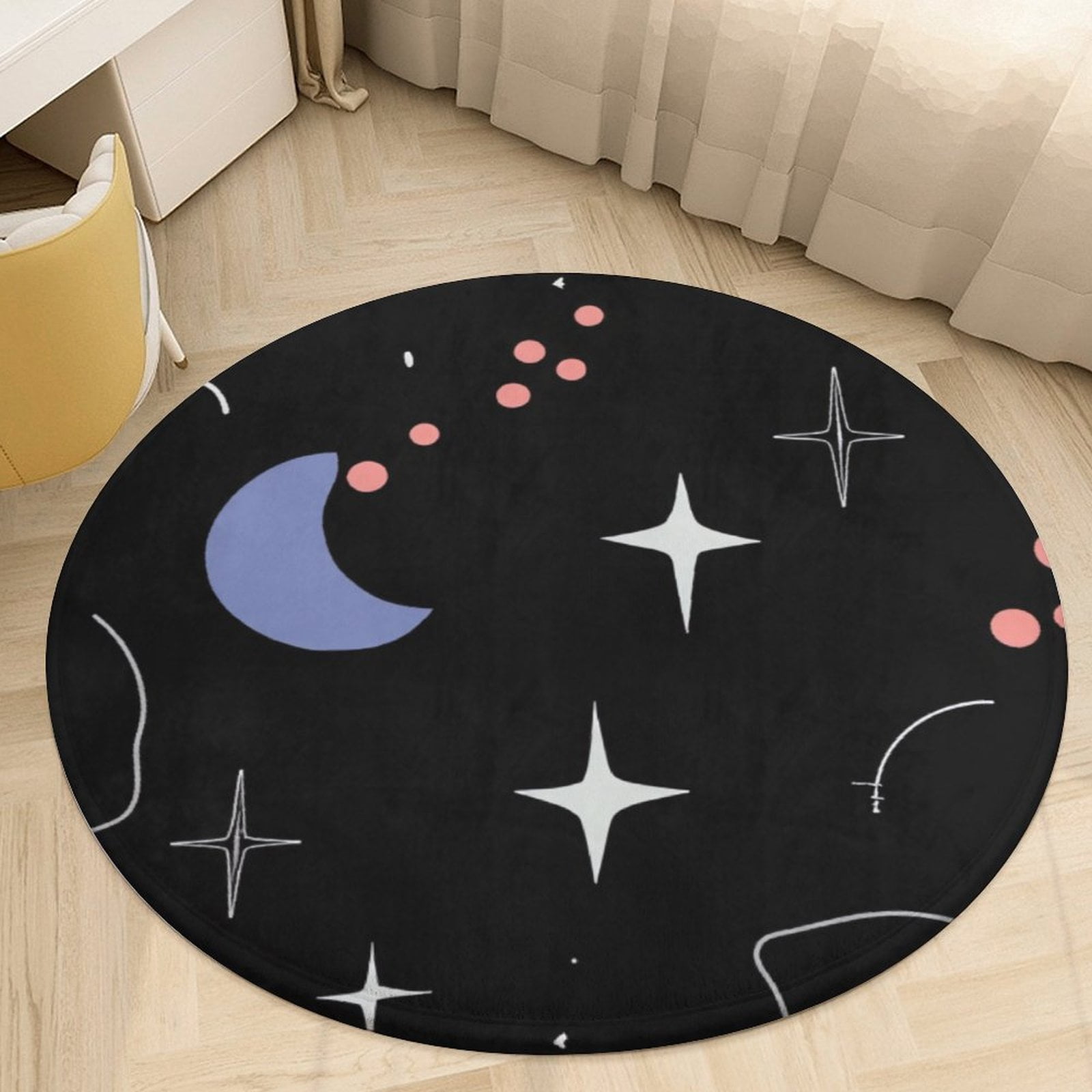 Black Background with Moons, Stars, And Dots Pattern Round Area Rugs ...