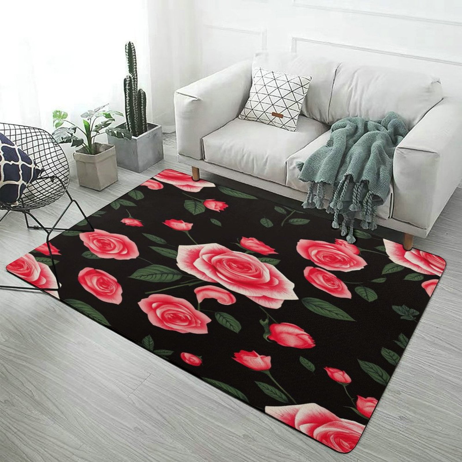 Black Background Pink Roses Rug Non-Slip Floor Carpet for Living Room ...