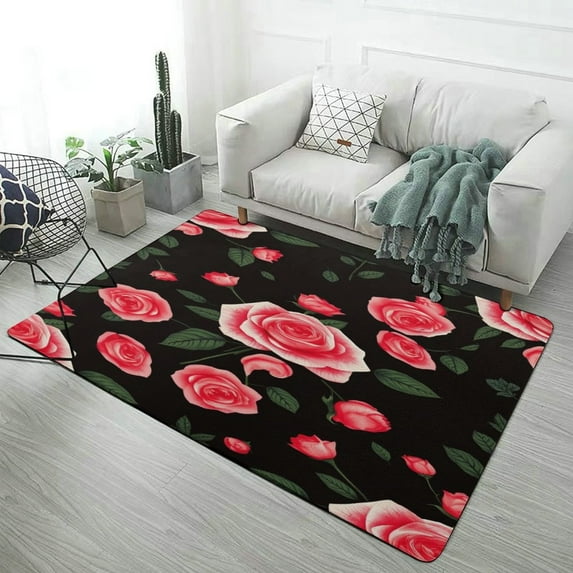 Black Background Pink Roses Rug Non-Slip Floor Carpet for Living Room ...