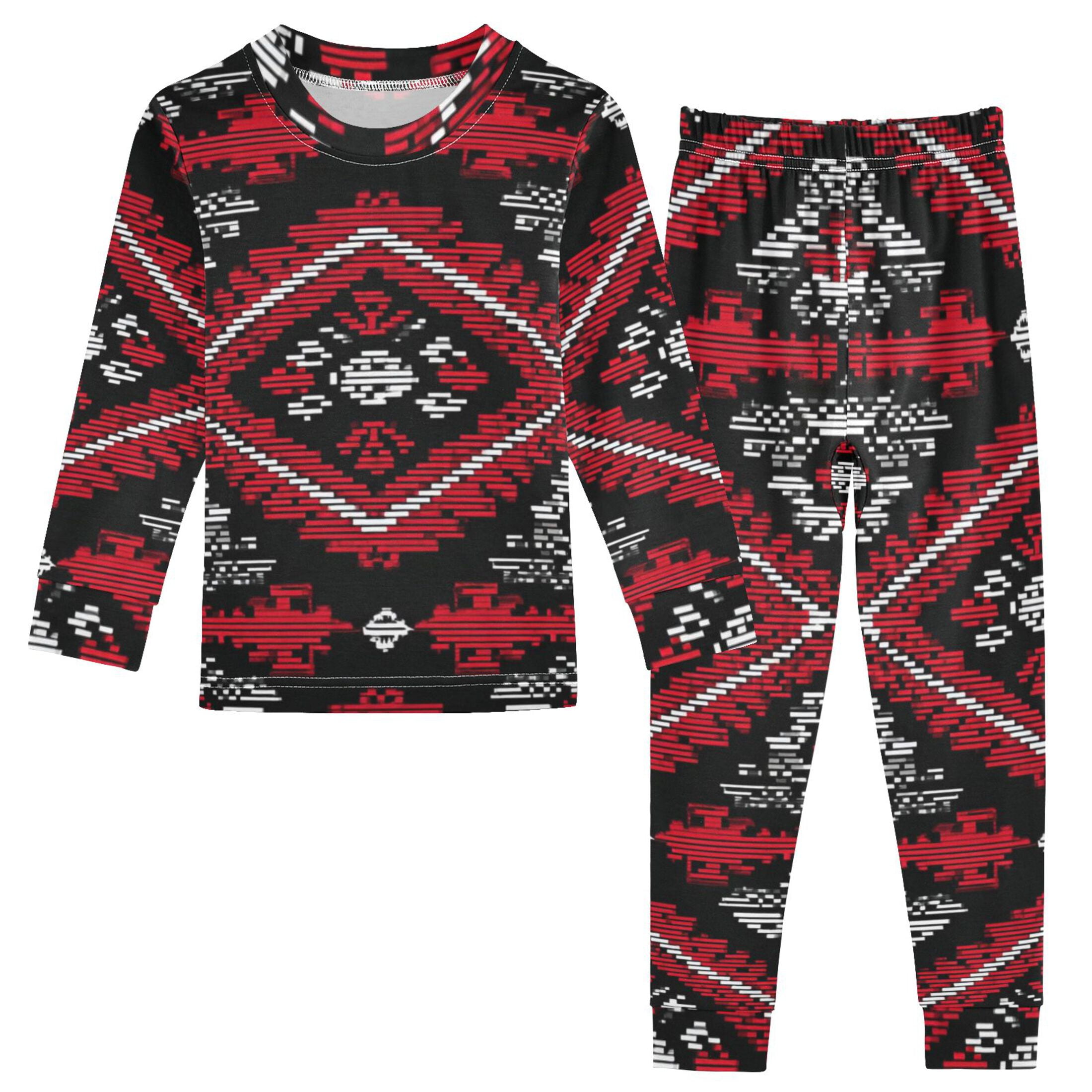 Black Background Red Abstract Pattern Cotton Pajama Set Long Sleeve Top ...