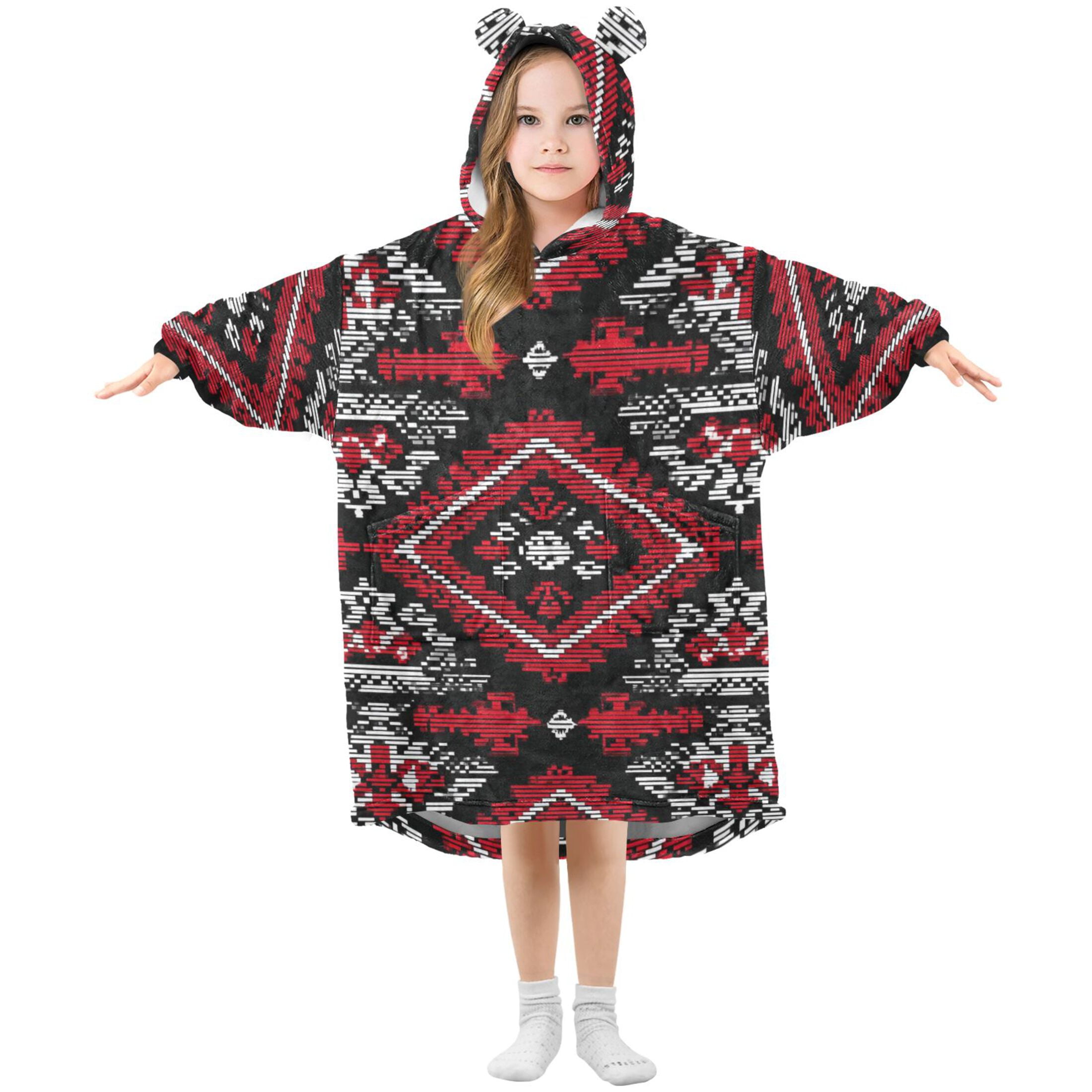 Black Background Red Abstract Pattern Flannel Wearable Blankets Hooded ...