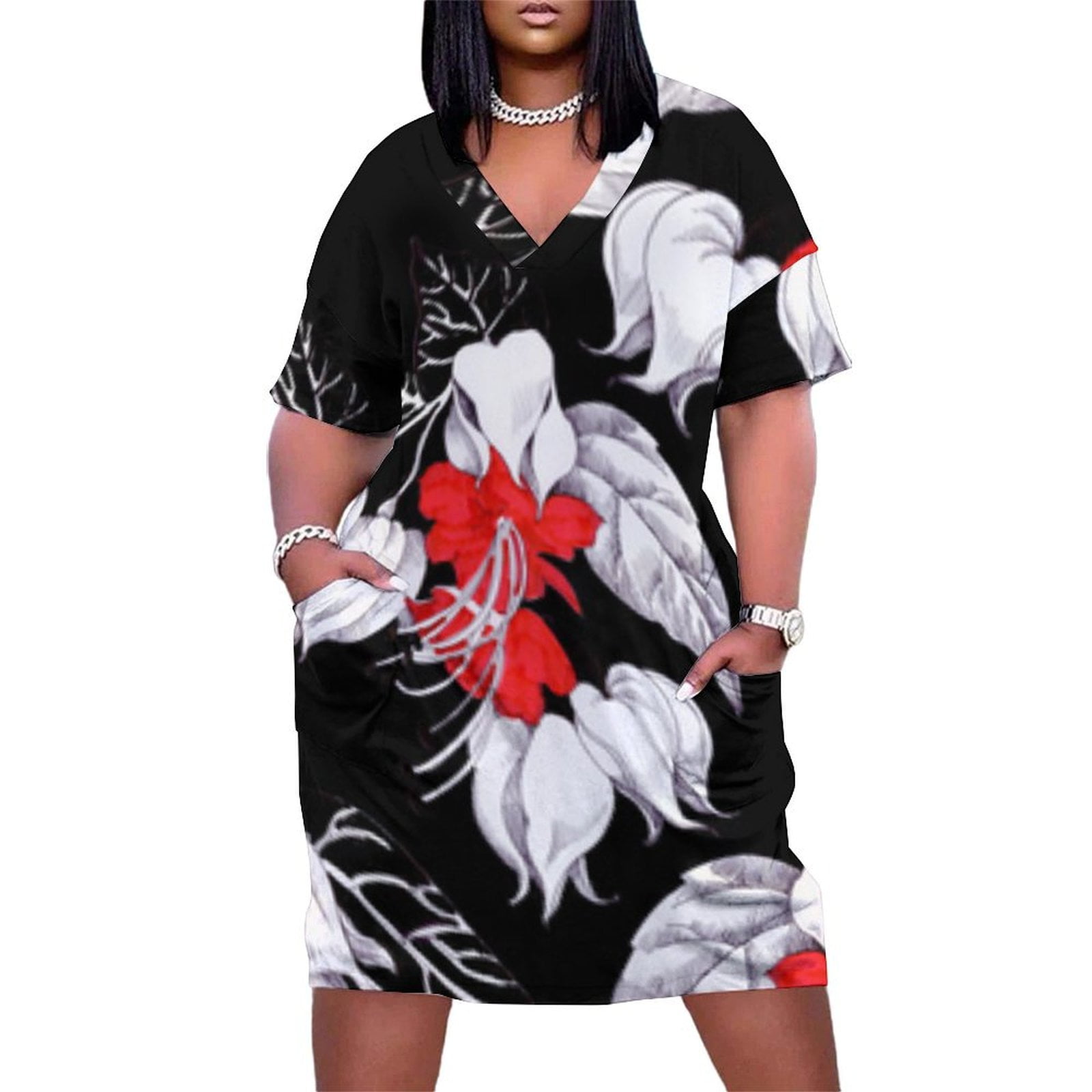 Black Background Red White Flowers Summer Sundress for Curve Women ...