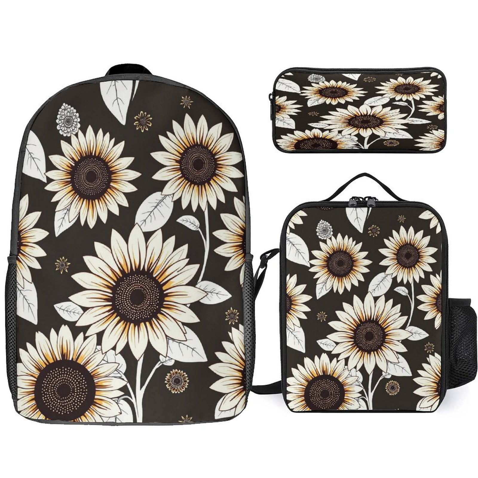 Black Background Sunflowers 3Set Bags for TeenCasual Women Backpack ...
